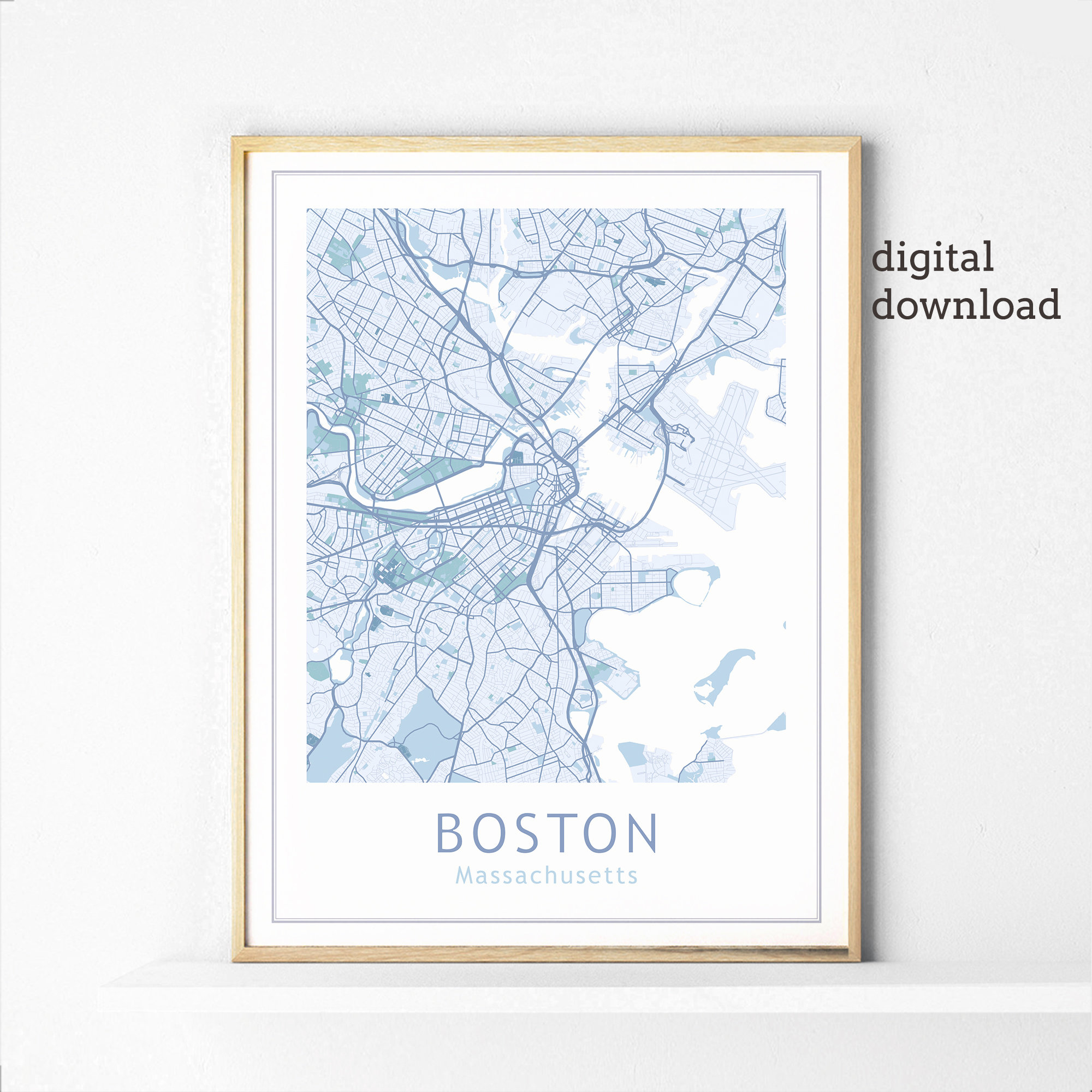 Boston Map Printable Blue Wall Art, Downloadable Prints, Map Art Print ...