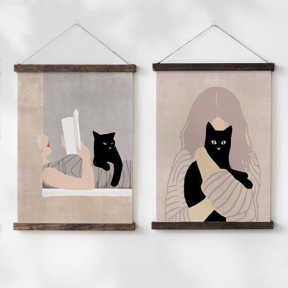 Woman and Cat Art Print Set Modern Drawing Female Art Boho - Etsy