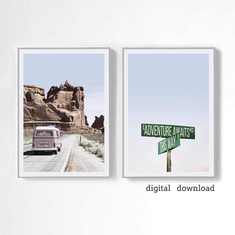 VW Bus Decor Set of 2 Prints Adventure Awaits 2 Piece Wall Art - Etsy