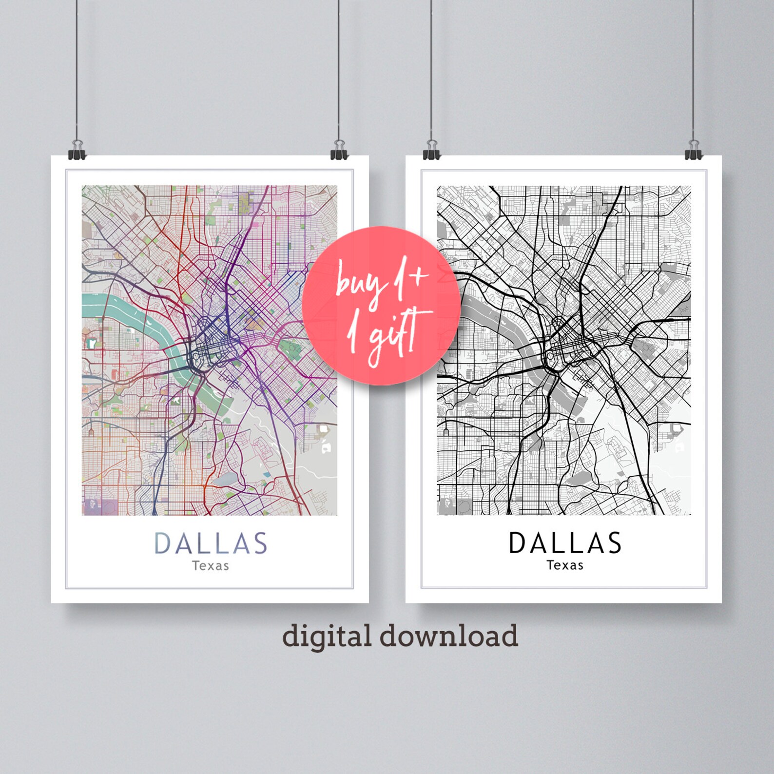 Dallas Map Wall Decor Downloadable Prints, Printable Map Colorful Wall ...