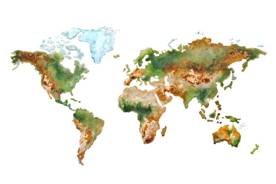World Map Topography Print | Etsy