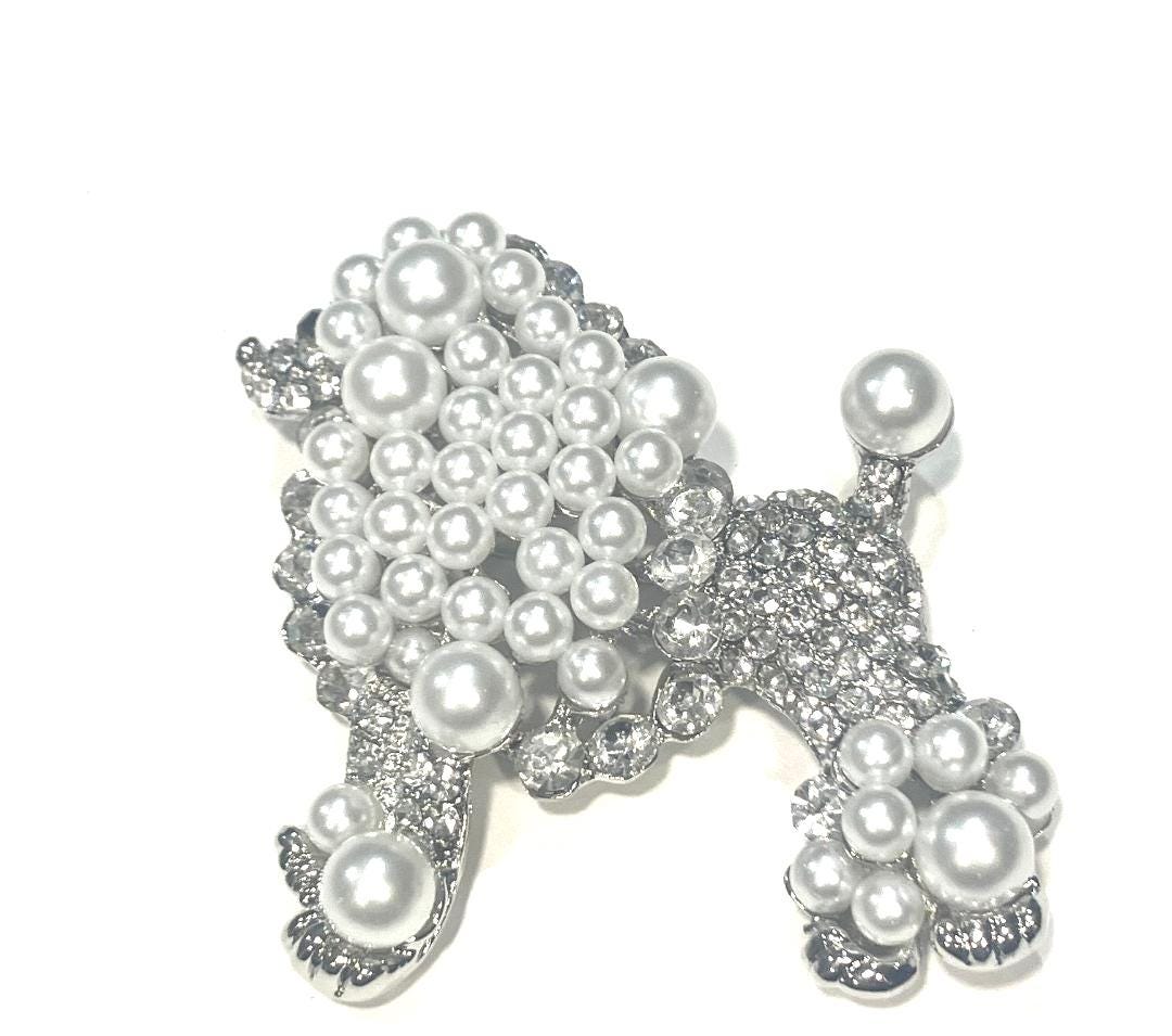 Kenneth Jay Lane White Faux Pearl & Crystal Poodle Pin 3" Silver Tone ...