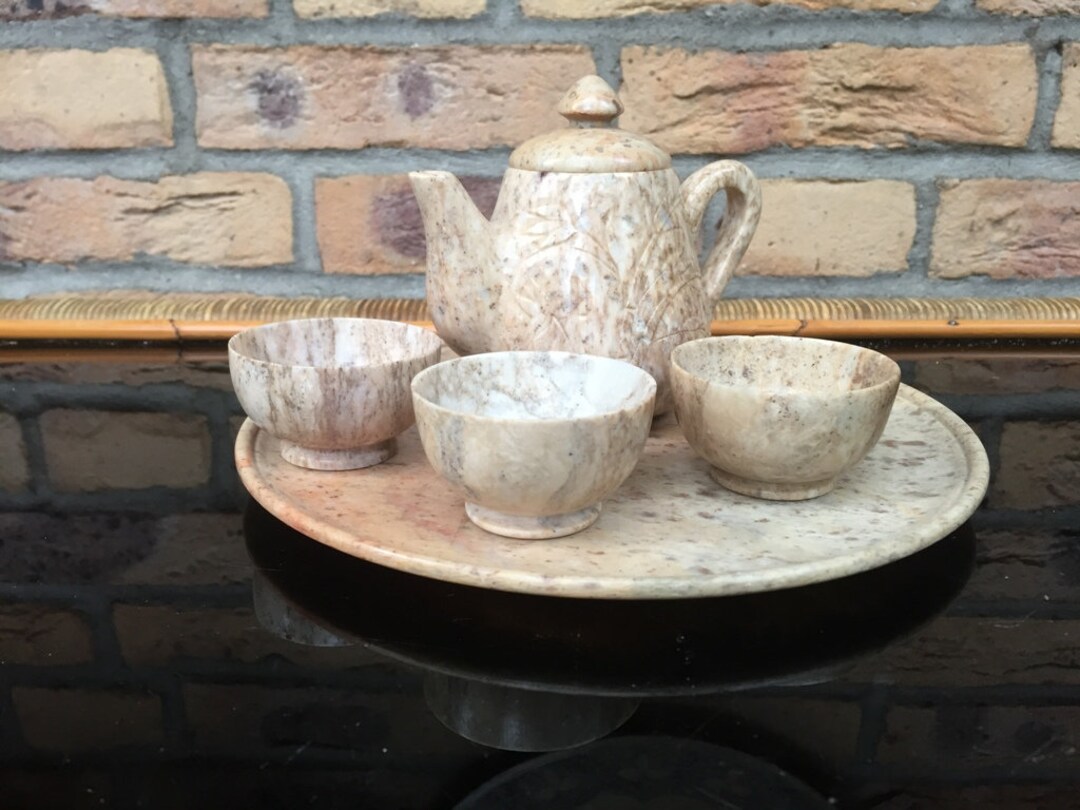 Vintage Stoneware Teapot Set Natural Stone Hand-carved Marbled Pot Cups ...