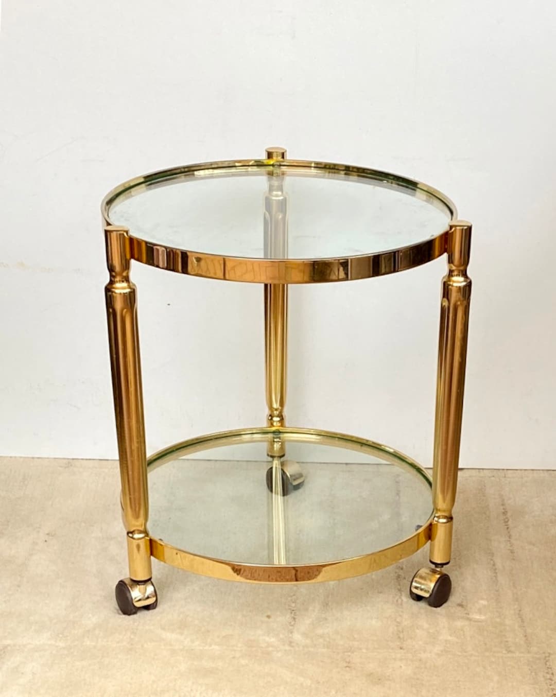 Round Bar Cart in Gold Metal, Hollywood Regency Style Neoclassical Legs ...