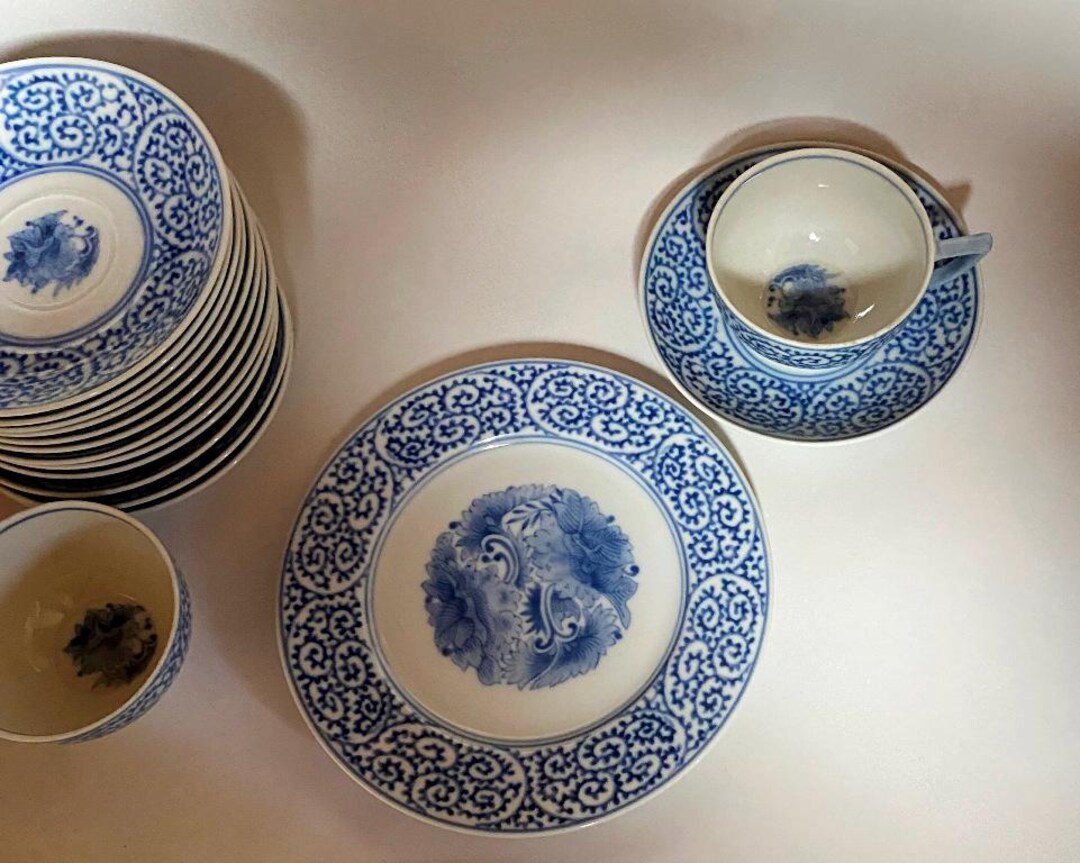 Japan Tea Service Blue Arabesque Teapot Plates Tea Cups for 12 People ...