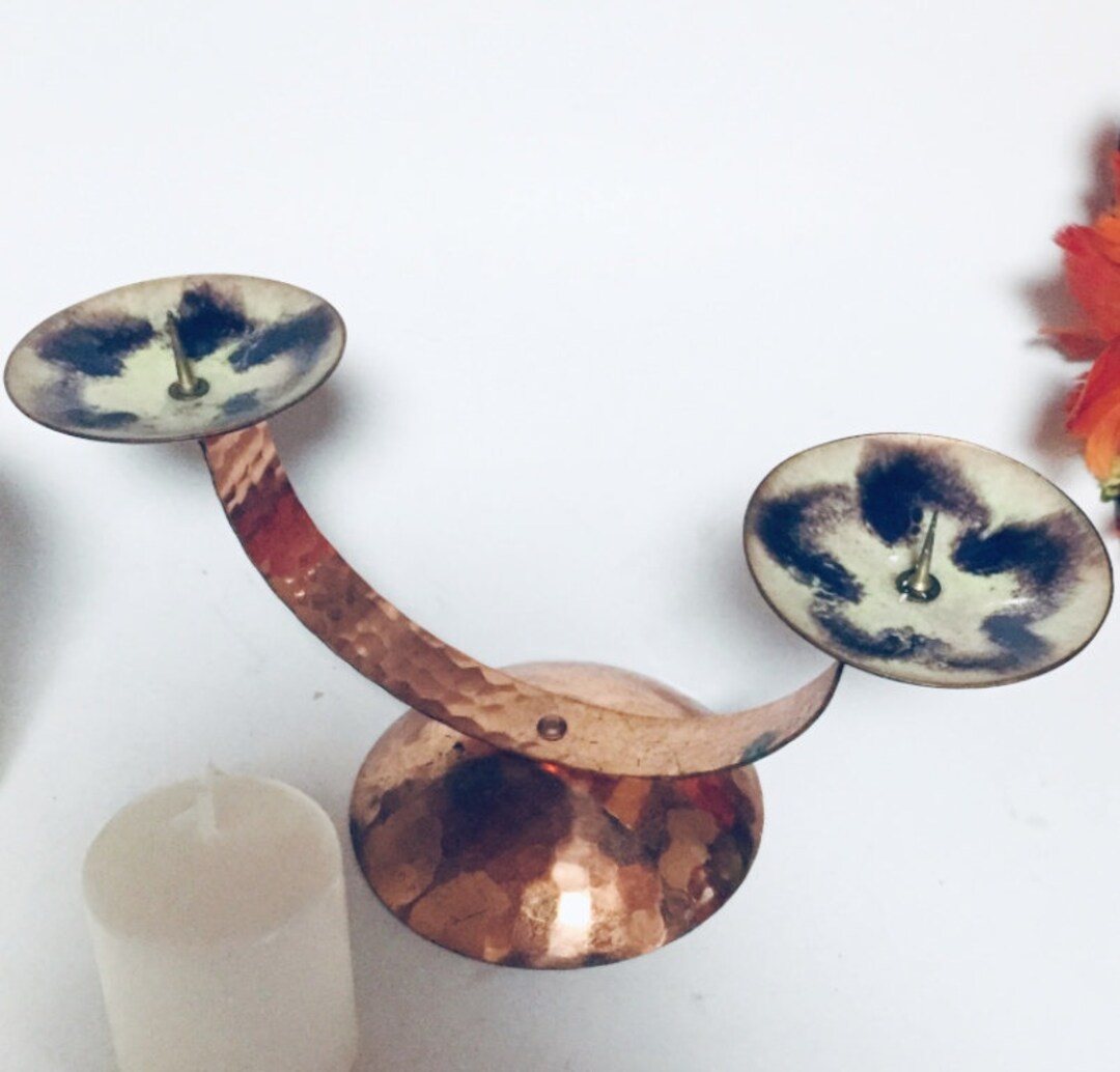 Candlestick Copper Enamel Handmade Hammered Copper Candlestick 2-armed ...