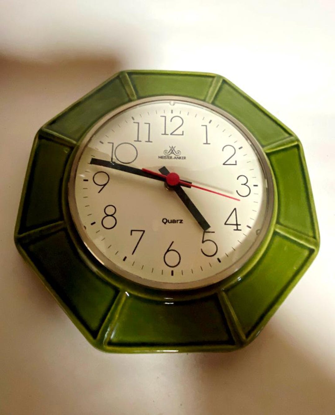 Vintage Wall Clock Octagon Green, Handmade Glazed Clock Mid Century 70s ...