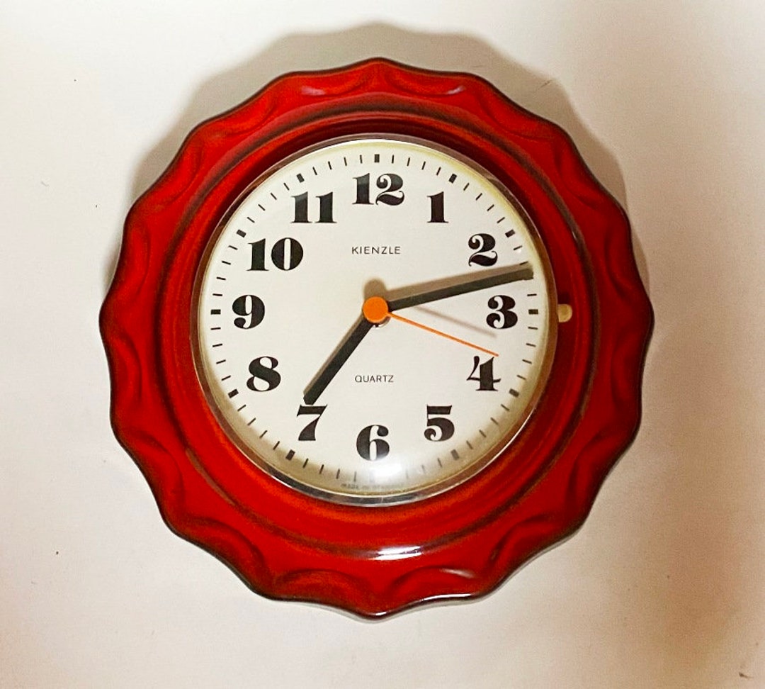 Vintage Wall Clock Red Ceramic, Handmade Kitchen Clock Mid Century Wall ...