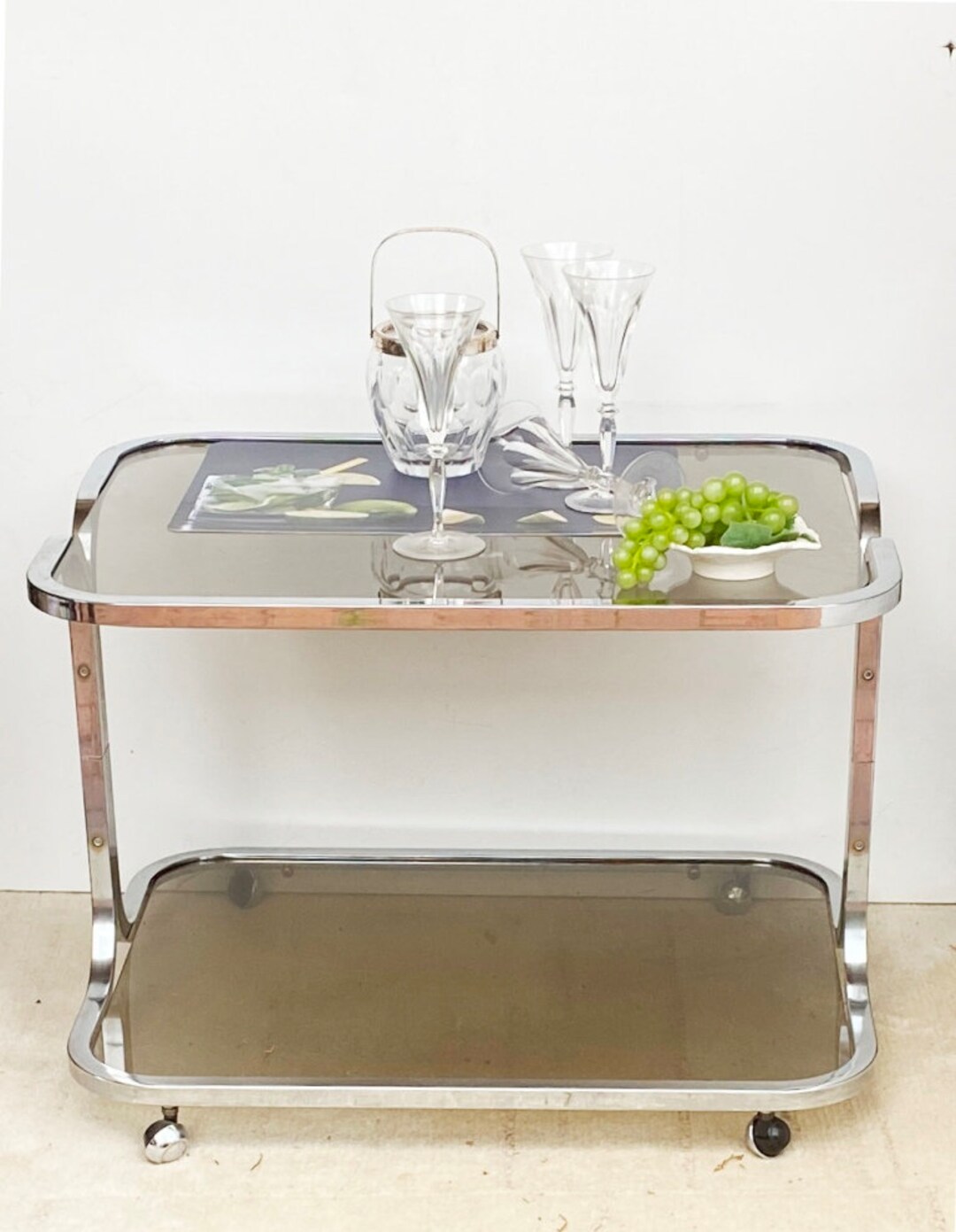 Vintage Bar Trolley Chrome Smoked Glass Large Bar Table Mid - Etsy
