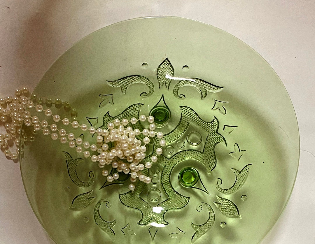 Green Art Deco Glass Bowl Collectible Glass Pressed Glass Design Bowl 3 Foot Bowl 31cm 122