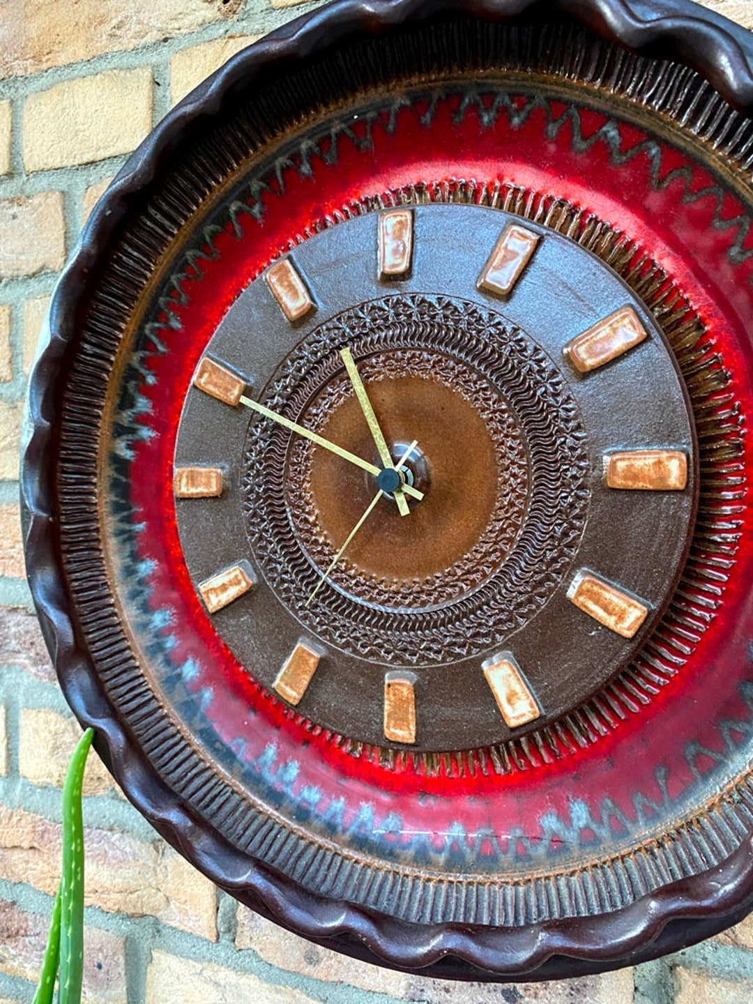 Vintage Pottery Wallclock MCM Handcraft Sgraffito Art Clock, Red Unique ...