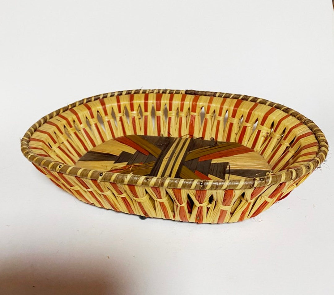 Handwoven Ethnic Raffia Basket, Bowl Raffia 3 Colors Ball Feet Folk Art ...