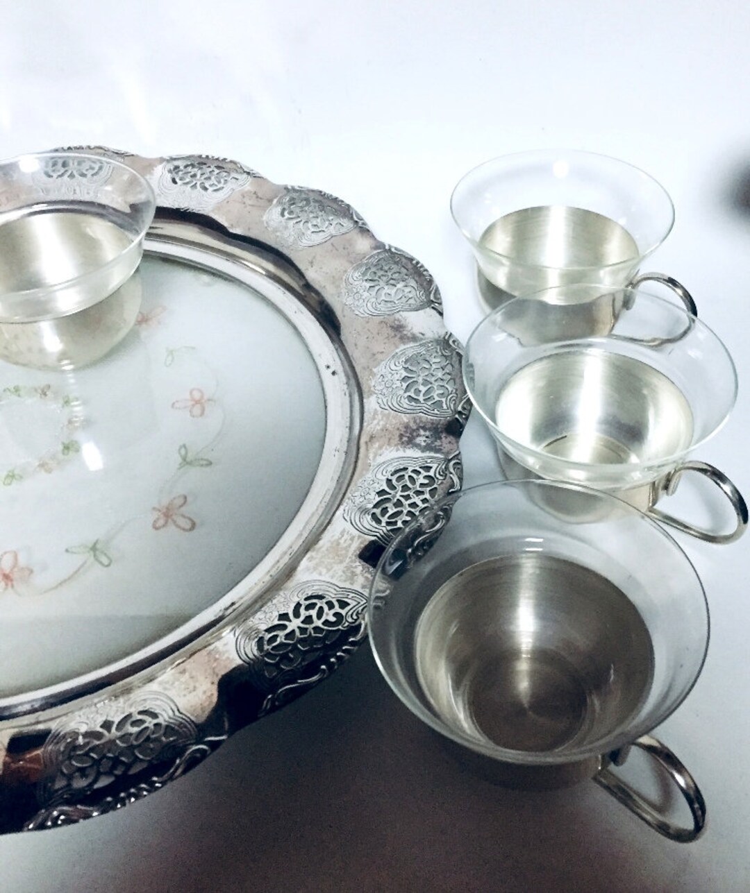 Art Deco Tea Cup Tray Lace Tulle, Silver-plated Chrome Tea Glasses With ...