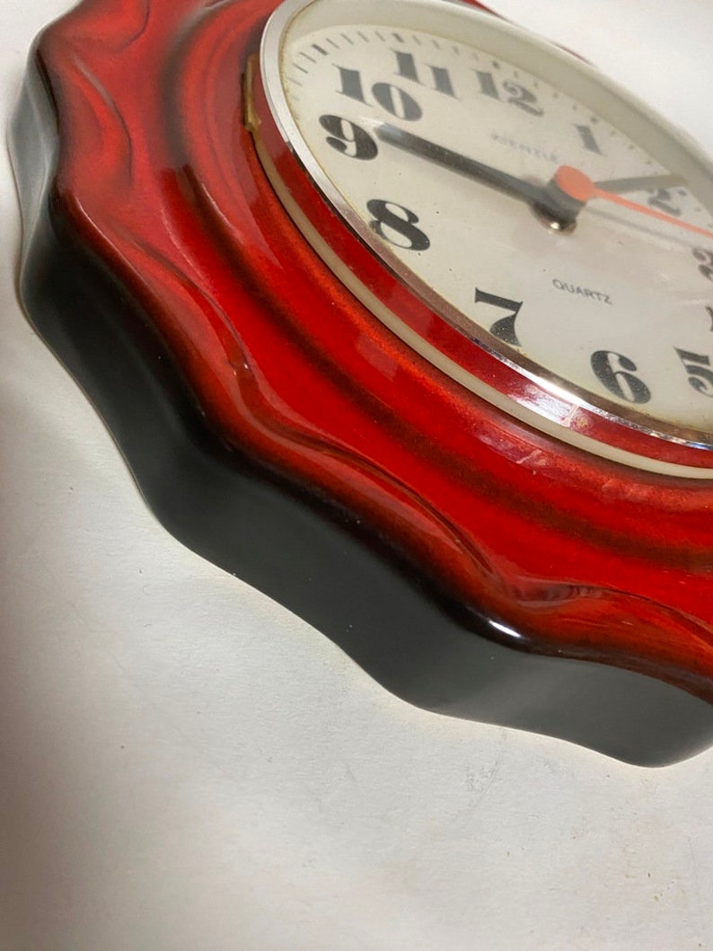 Vintage Wall Clock Red Ceramic, Handmade Kitchen Clock Mid Century Wall ...