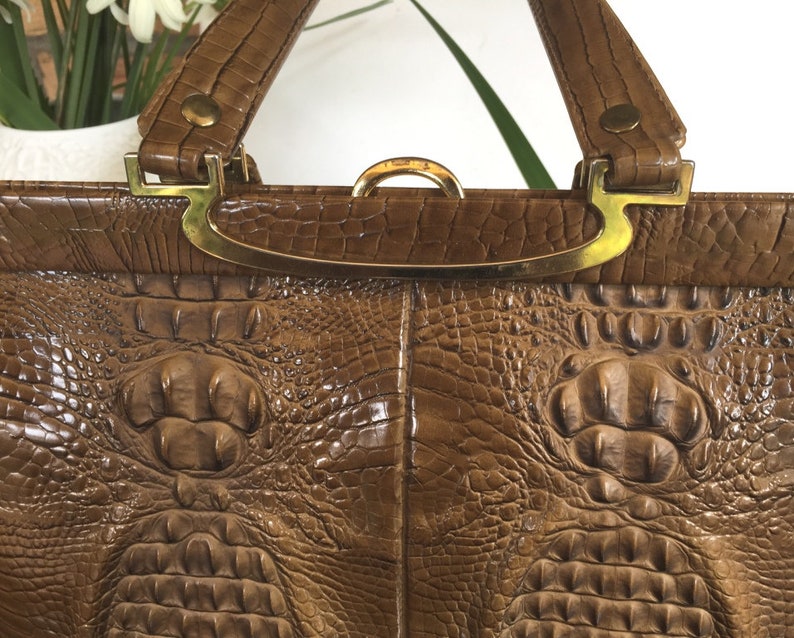 Vintage Alligator Embossed Hand Bag Brown Gold / Elegant | Etsy