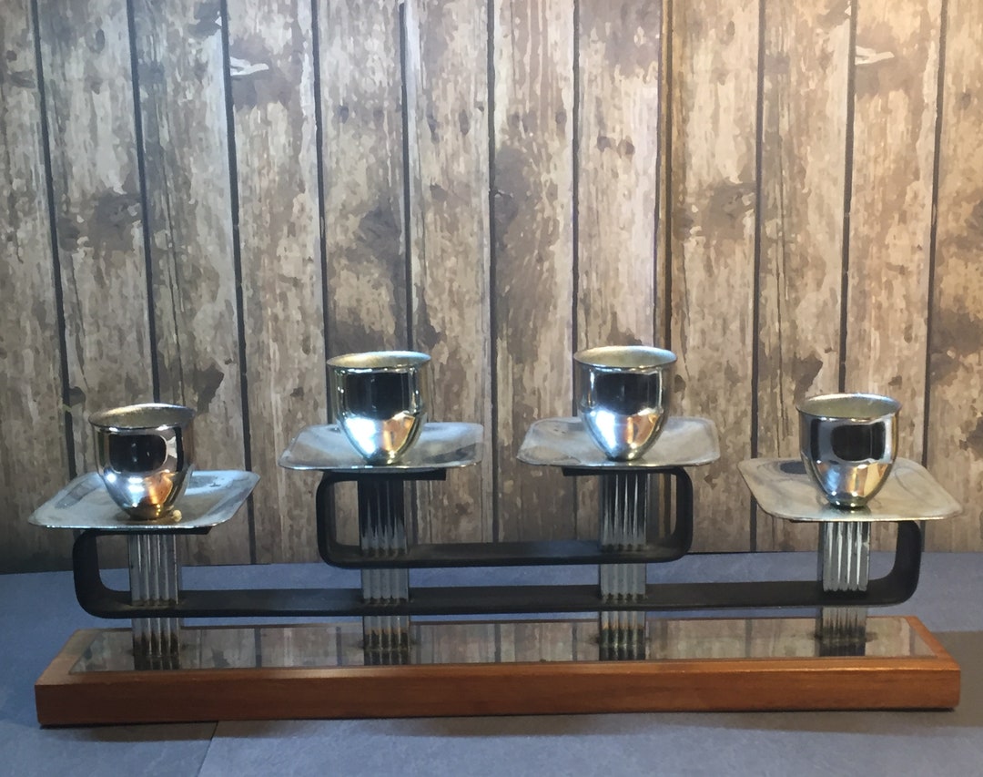 Vintage Candlestick Teak Chrome, 4-fold Candle Holder Silver-plated Art ...