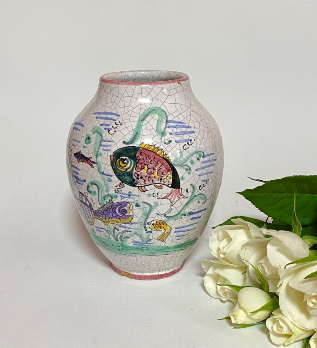 Fish Ceramic Vase, Handmade Craquele Glaze Vase Mid Century Art Ceramic ...