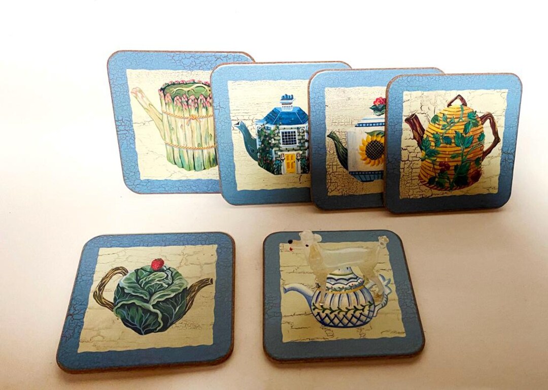 Coasters Teapot Cork Set of 6, Vintage Tea Glass Coasters Unused in Box ...