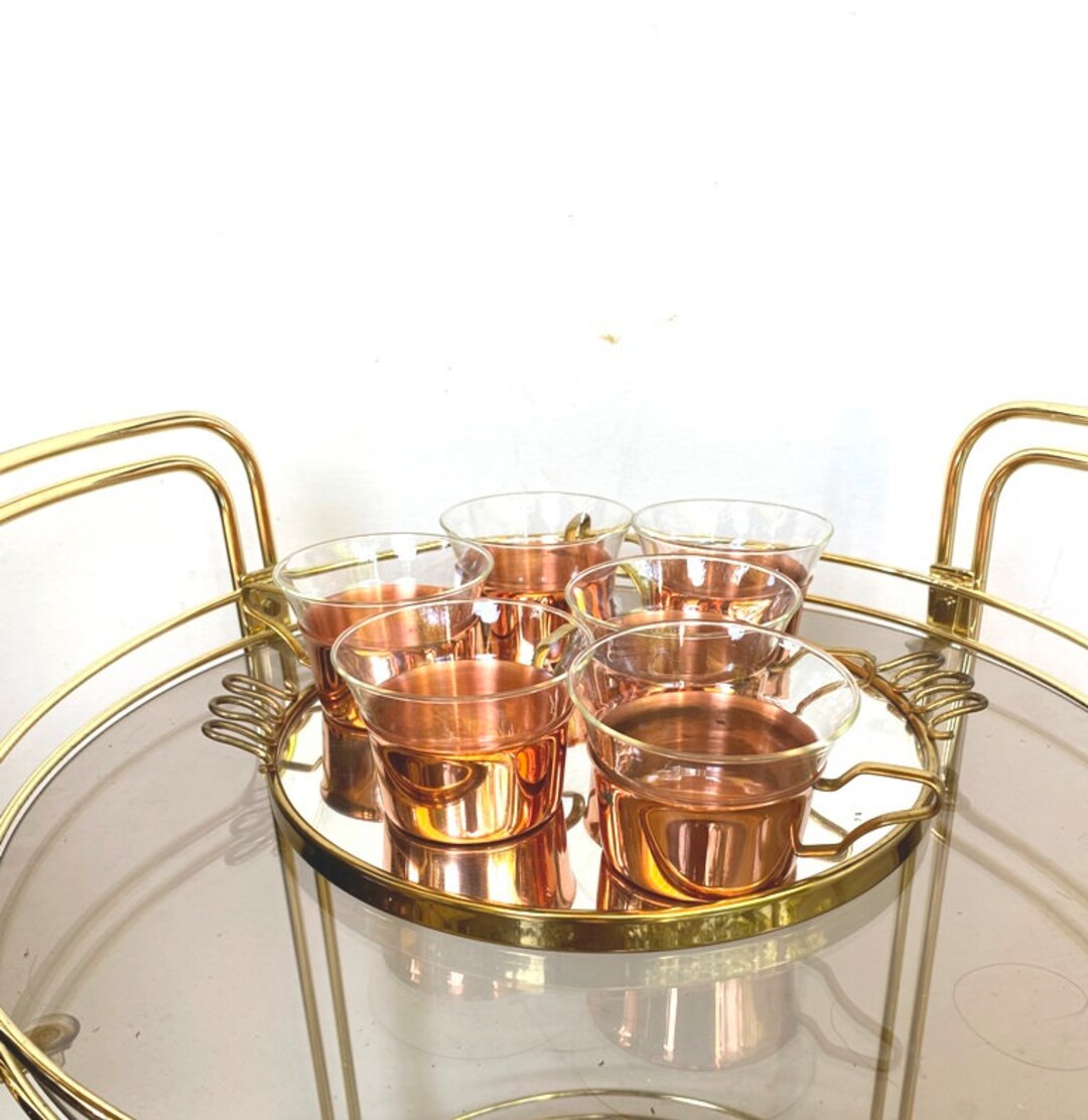 Copper Tea Glasses on Brass Mirror Tray, Original 50s 60s Tea Glasses ...