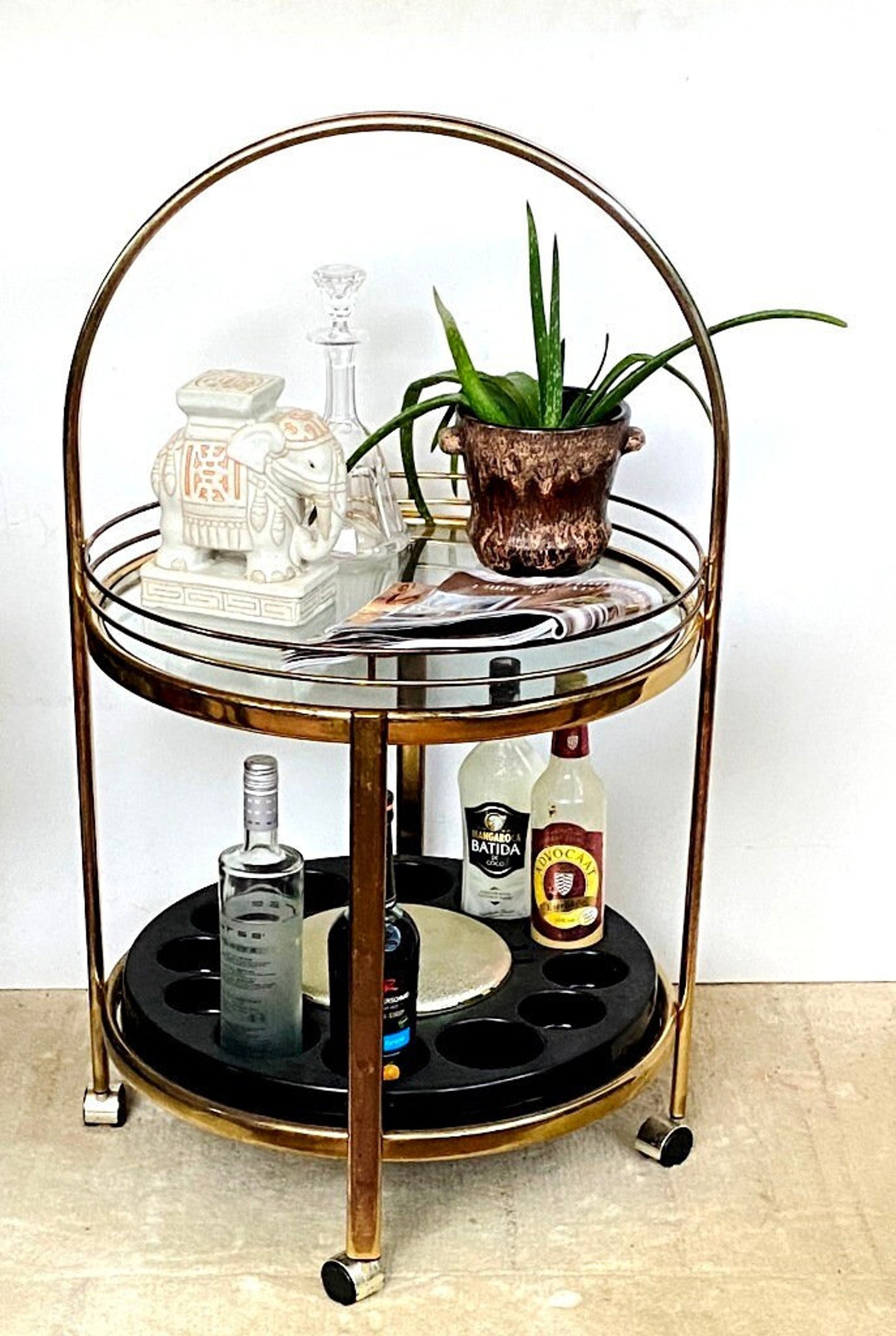 Vintage Bar Cart XL Brass Round Glass Bar Table With BOTTLE BOX & Ice ...