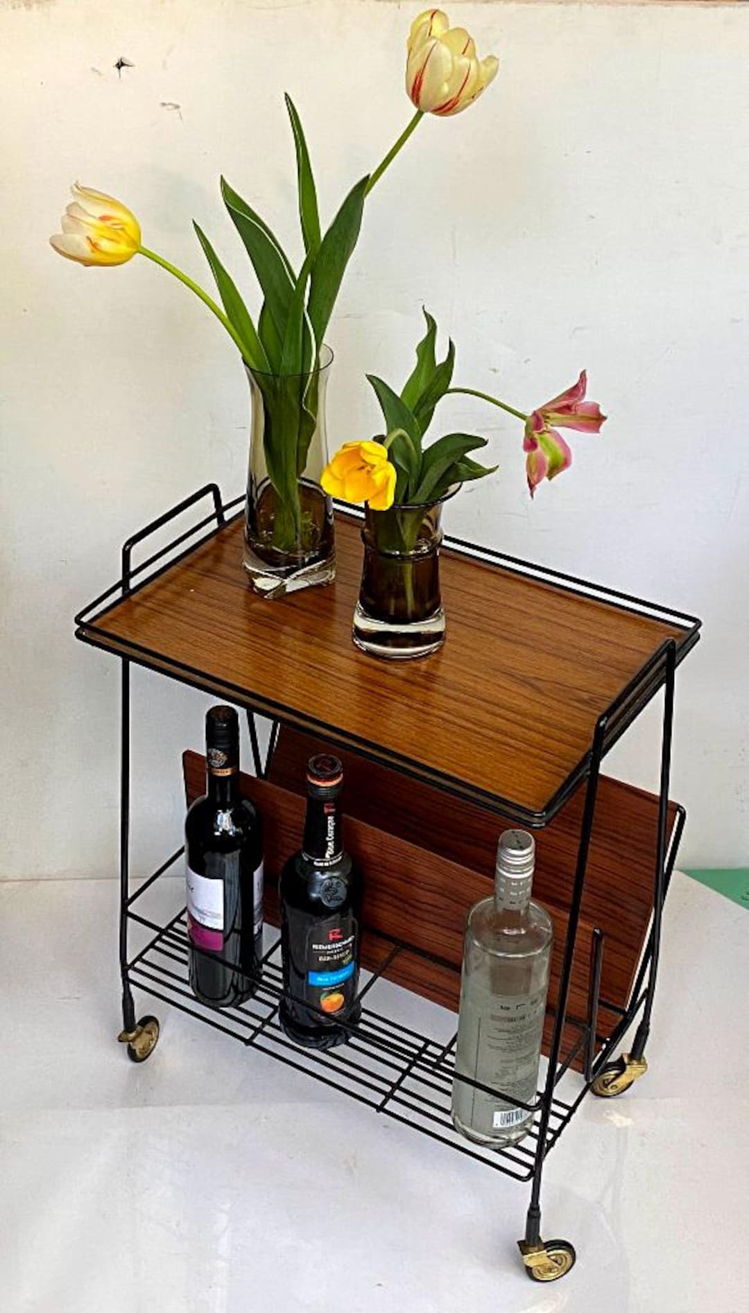 Vintage Bar Cart Newspaper Stand String 60s Teak Art Trolley Jie ...