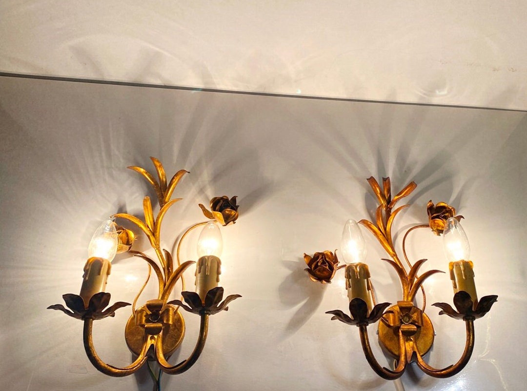 Hans Kögl Tole Sconce Wall Lamps Pair of Roses Design Handmade Metal ...