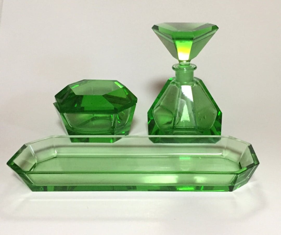 Crystal Perfume Glass Set, Green Hand-cut Vanity Set Lid Jar Moser ...