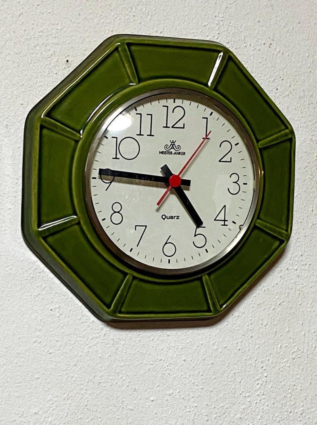 Vintage Wall Clock Octagon Green, Handmade Glazed Clock Mid Century 70s ...