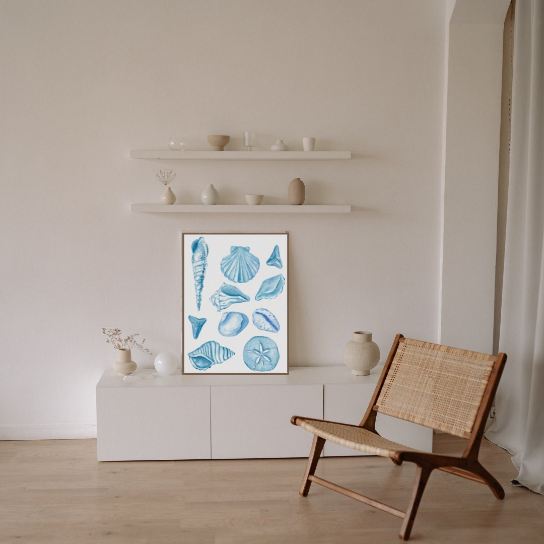 Blue Watercolor Seashell Art Print, Coastal Shark Sand Dollar Painting ...