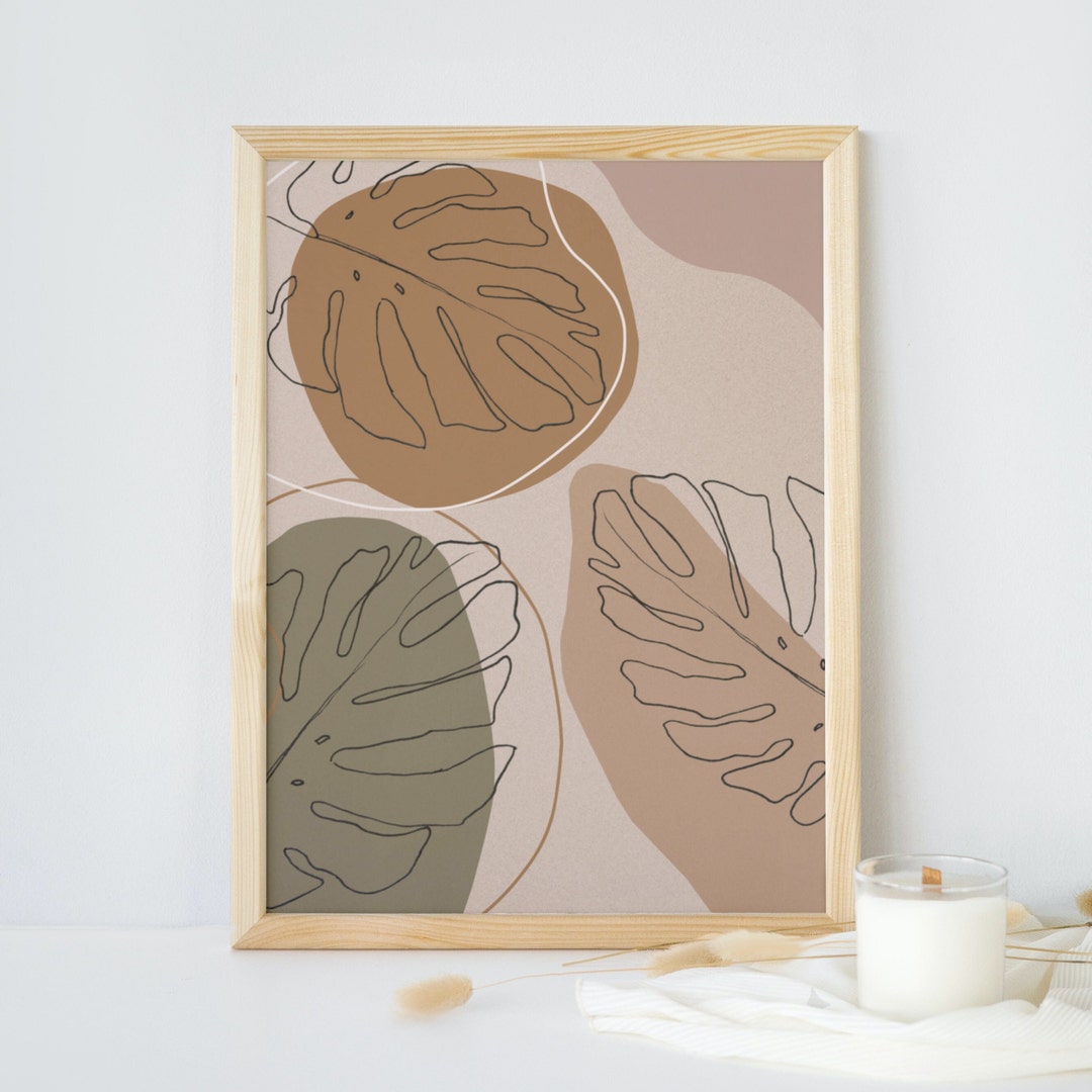 Monstera Art Print Boho Monstera Fine Line Art Print Earth Tones Plant ...
