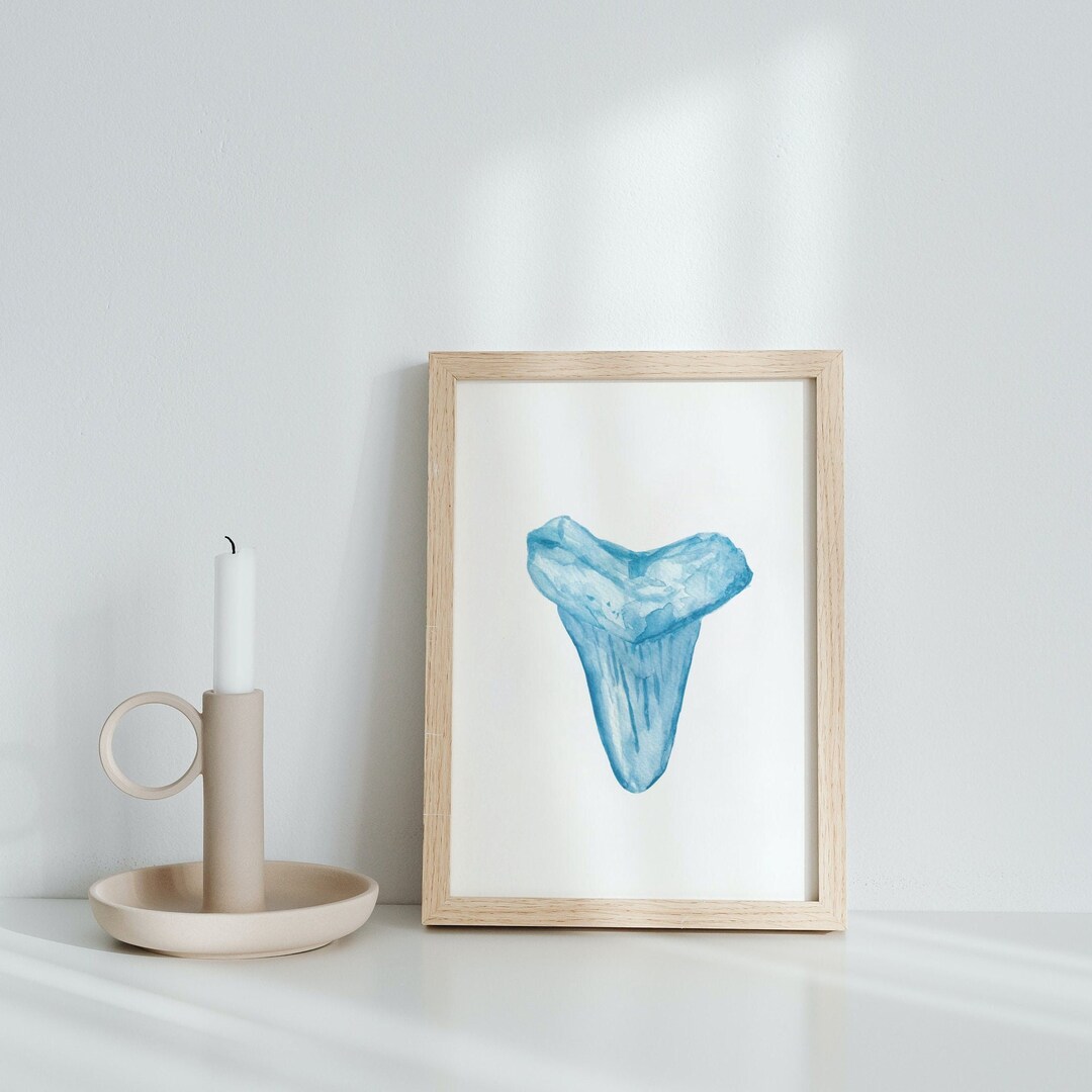 Shark Tooth Wall Art Great White Shark Tooth Painting Blue Watercolor ...