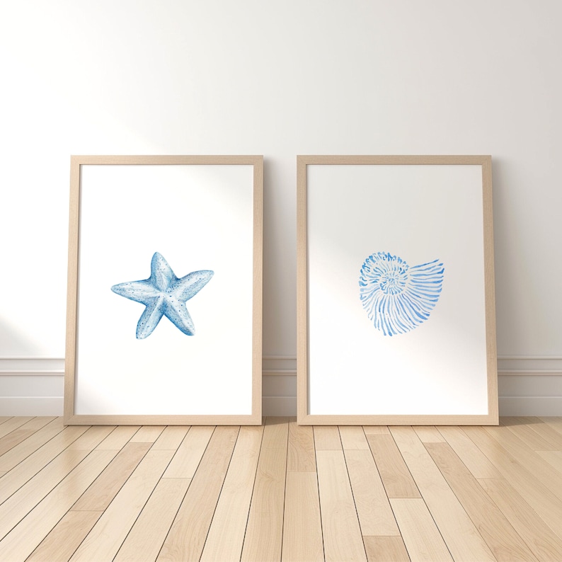 Blue Seashell Watercolor Art Print: Coastal Cottage Decor - Etsy