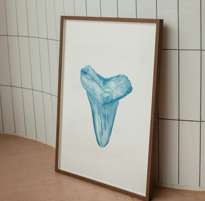Shark Tooth Wall Art Great White Shark Tooth Painting Blue Watercolor ...
