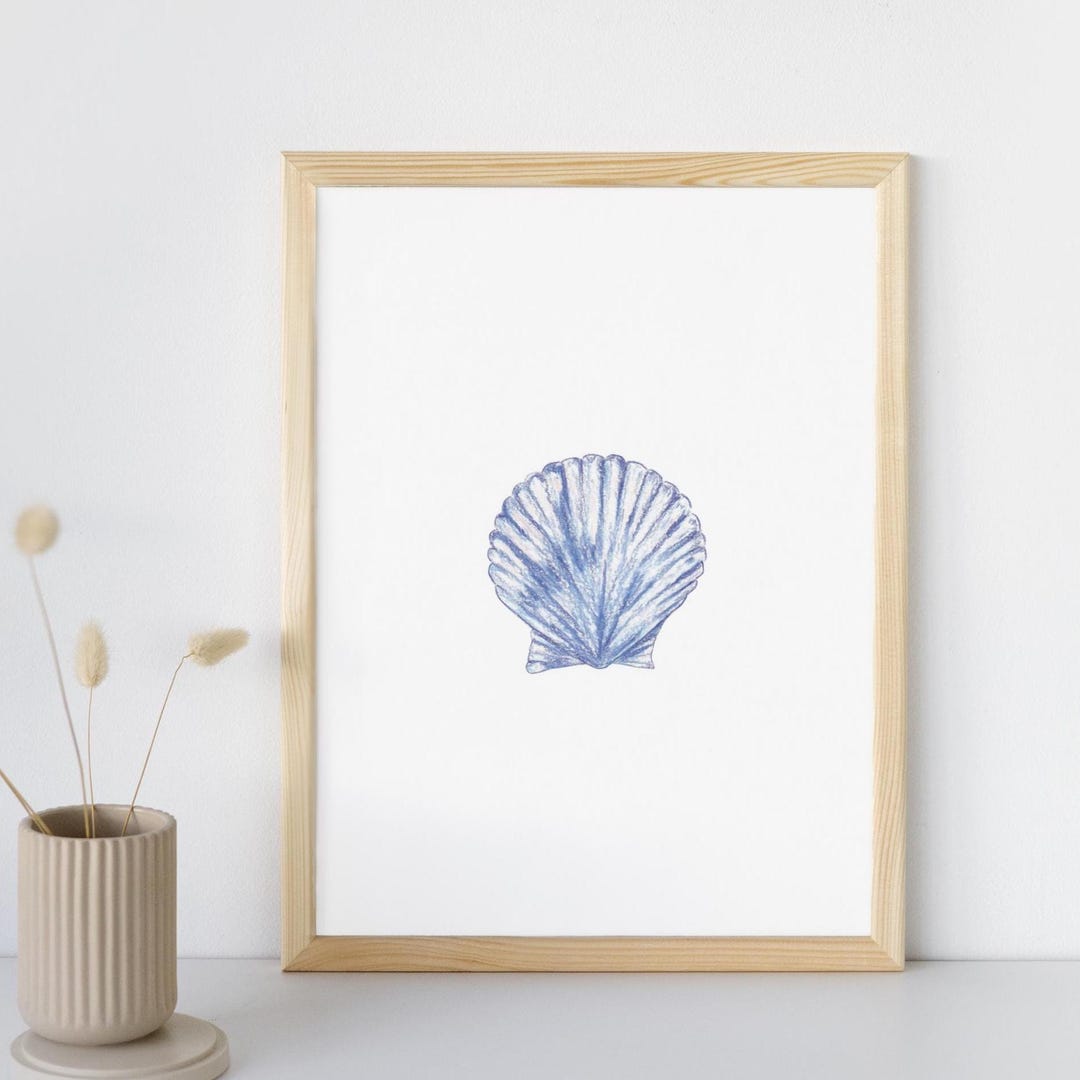 Blue Scallop Shell Art Print: Beachy Coastal Decor (digital Download ...