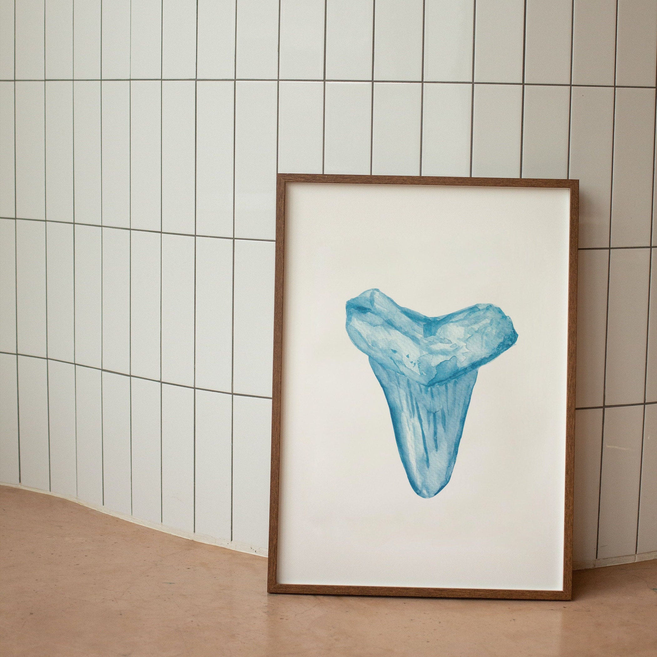 Shark Tooth Wall Art Great White Shark Tooth Painting Blue Watercolor ...