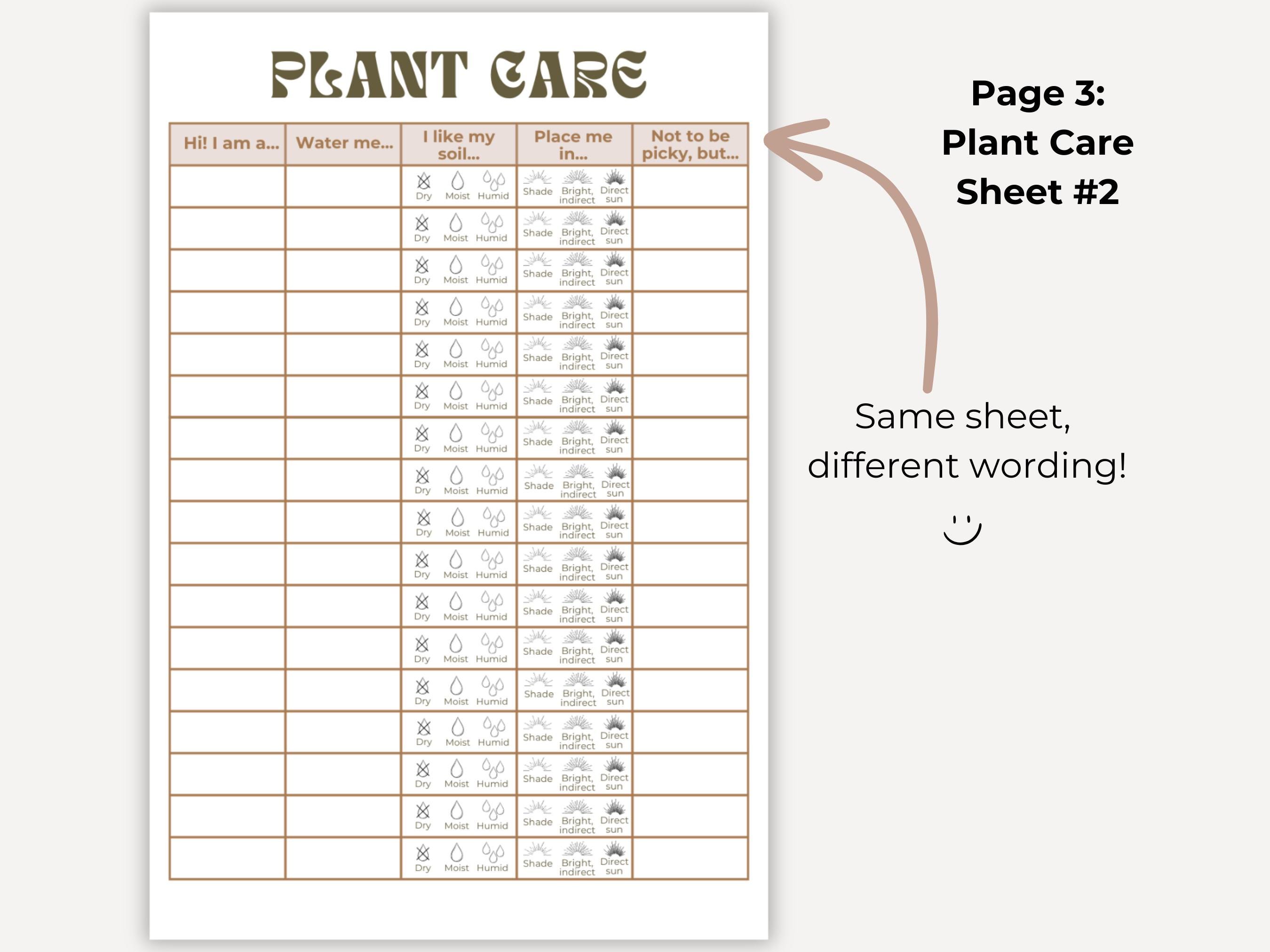Plant Care Guide, Plant Planner, Houseplant Log, Printable Plant Care ...