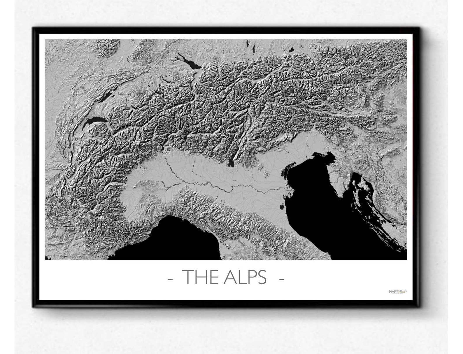 Map of the Alps Topography & Terrain Map Poster Austria | Etsy