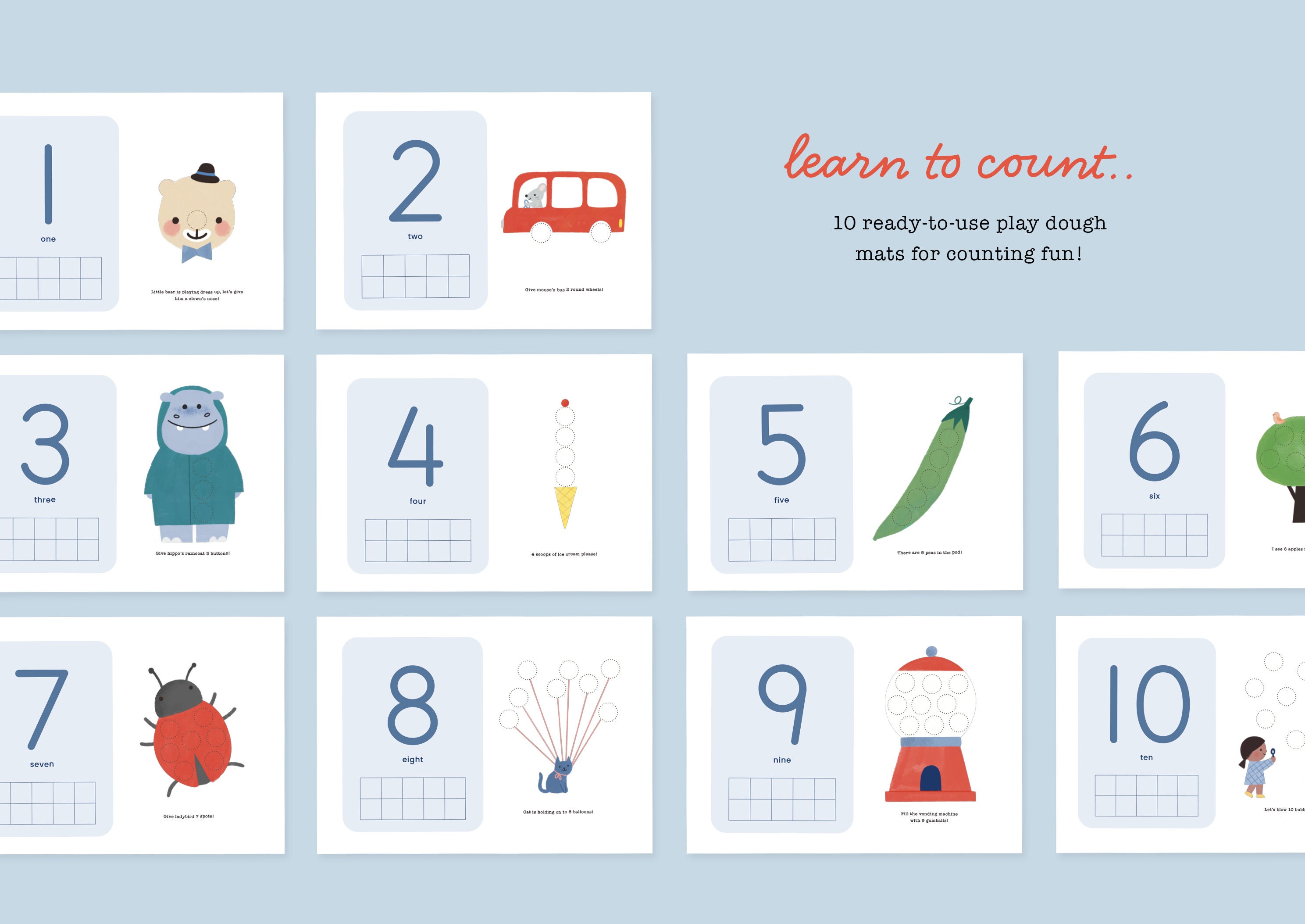 Number Counting Play Dough Mats Learning Numbers and Counting 1 to 10 ...