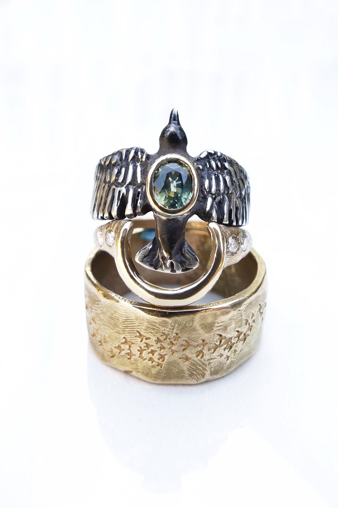 14k Gold Stacking Wedding Rings. Handmade Bird Engagement Ring. Feather ...