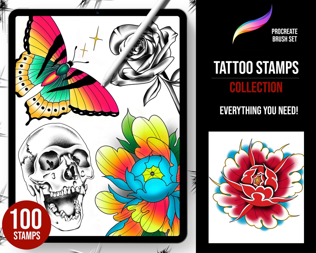 100 Tattoo Outline Stamps Collection for Procreate, Tattoo Skulls ...