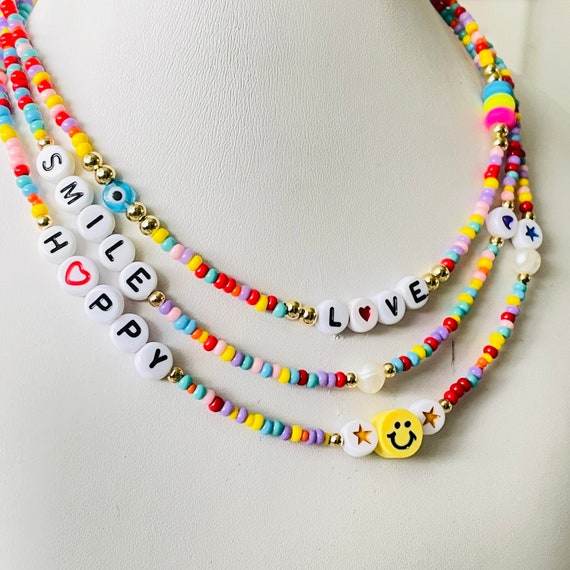 Smiley Face Necklace Personalized Rainbow Beaded Word | Etsy