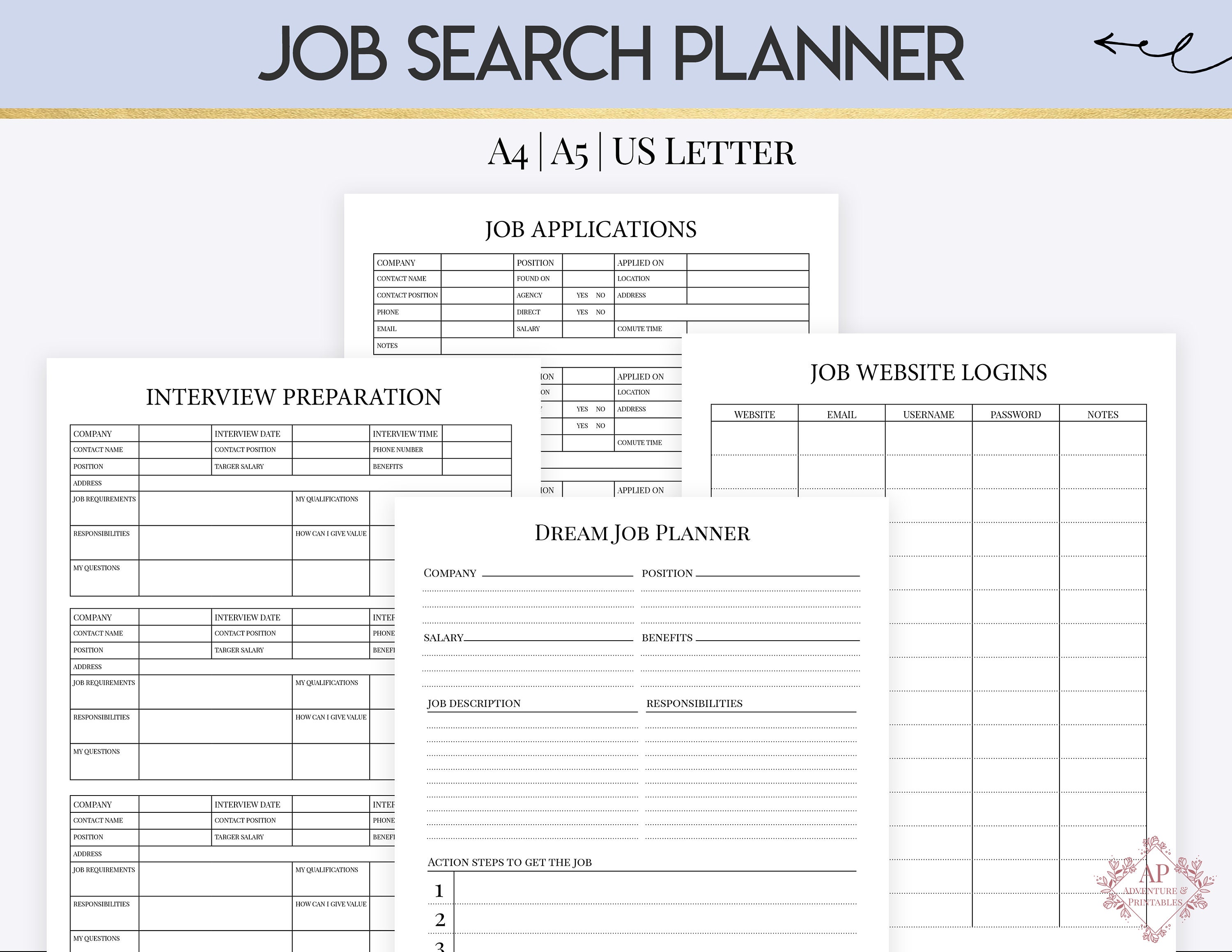 Job Search Planner, Job Application Planner, Dream Job Interview ...