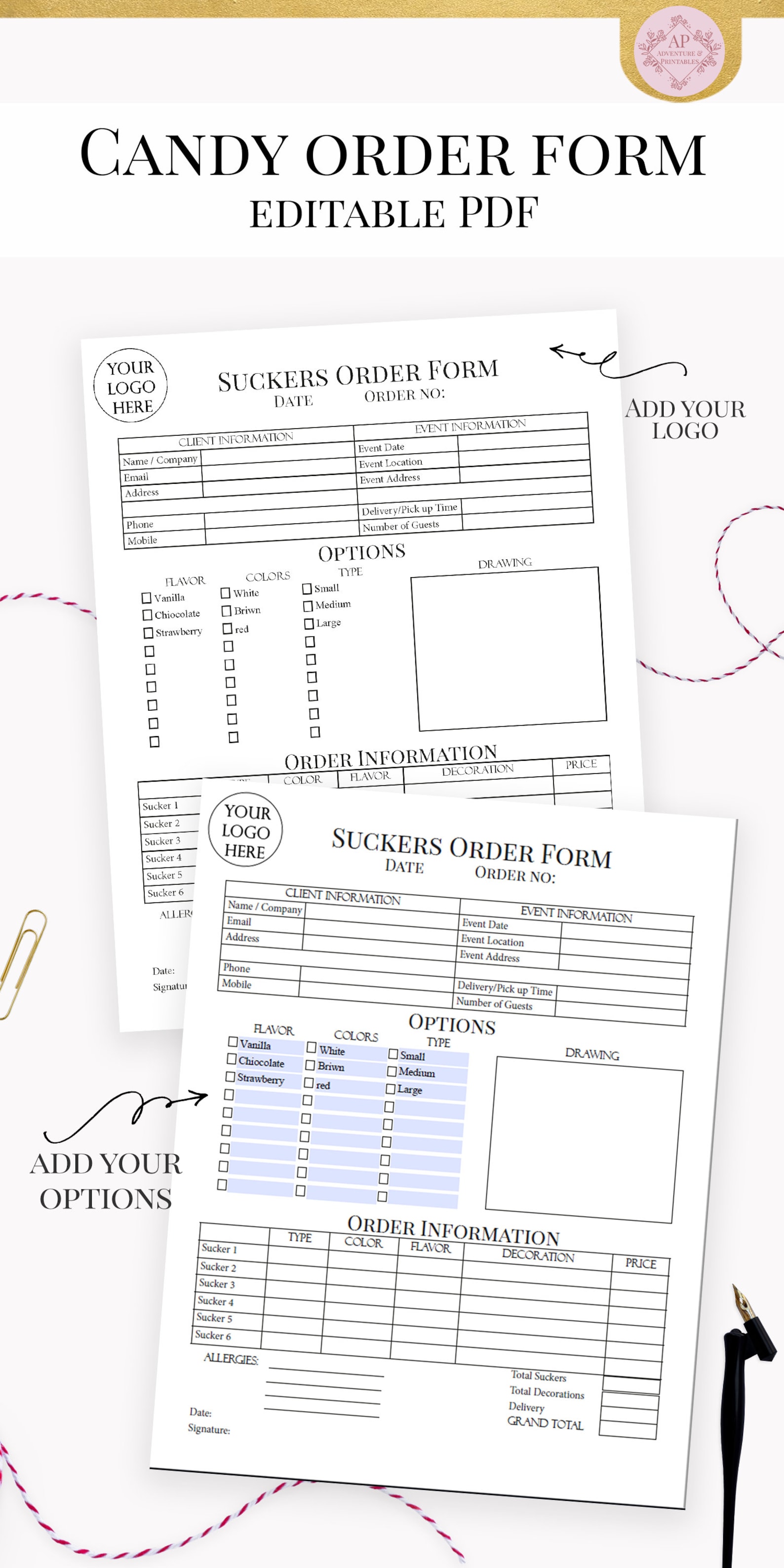 Candy Order Form, Editable Bakery Forms, Sucker Order Form, Baking ...