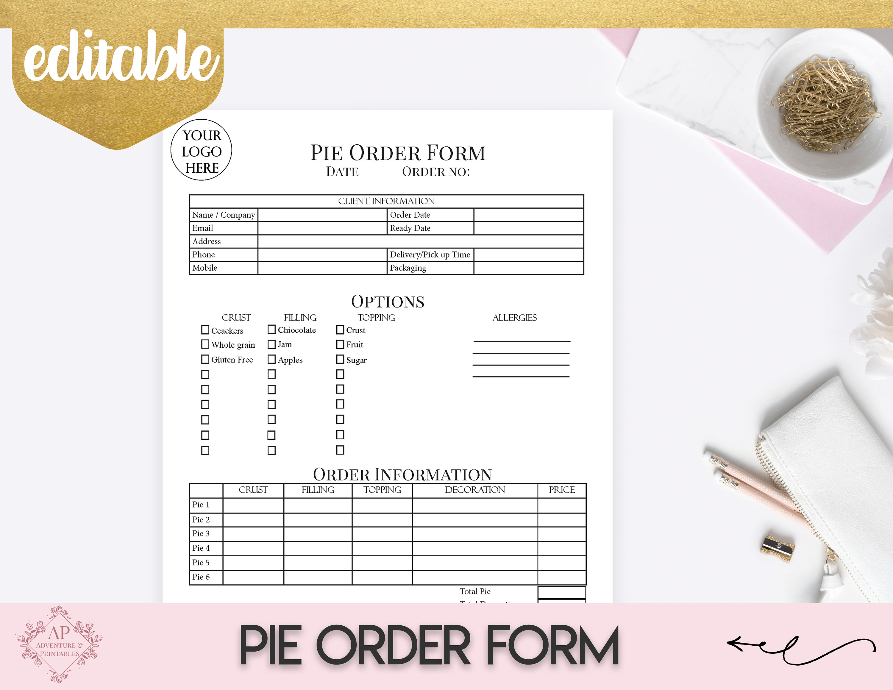 Pie Order Form, Editable Bakery Forms, Custom Pie Order Form, Pie ...