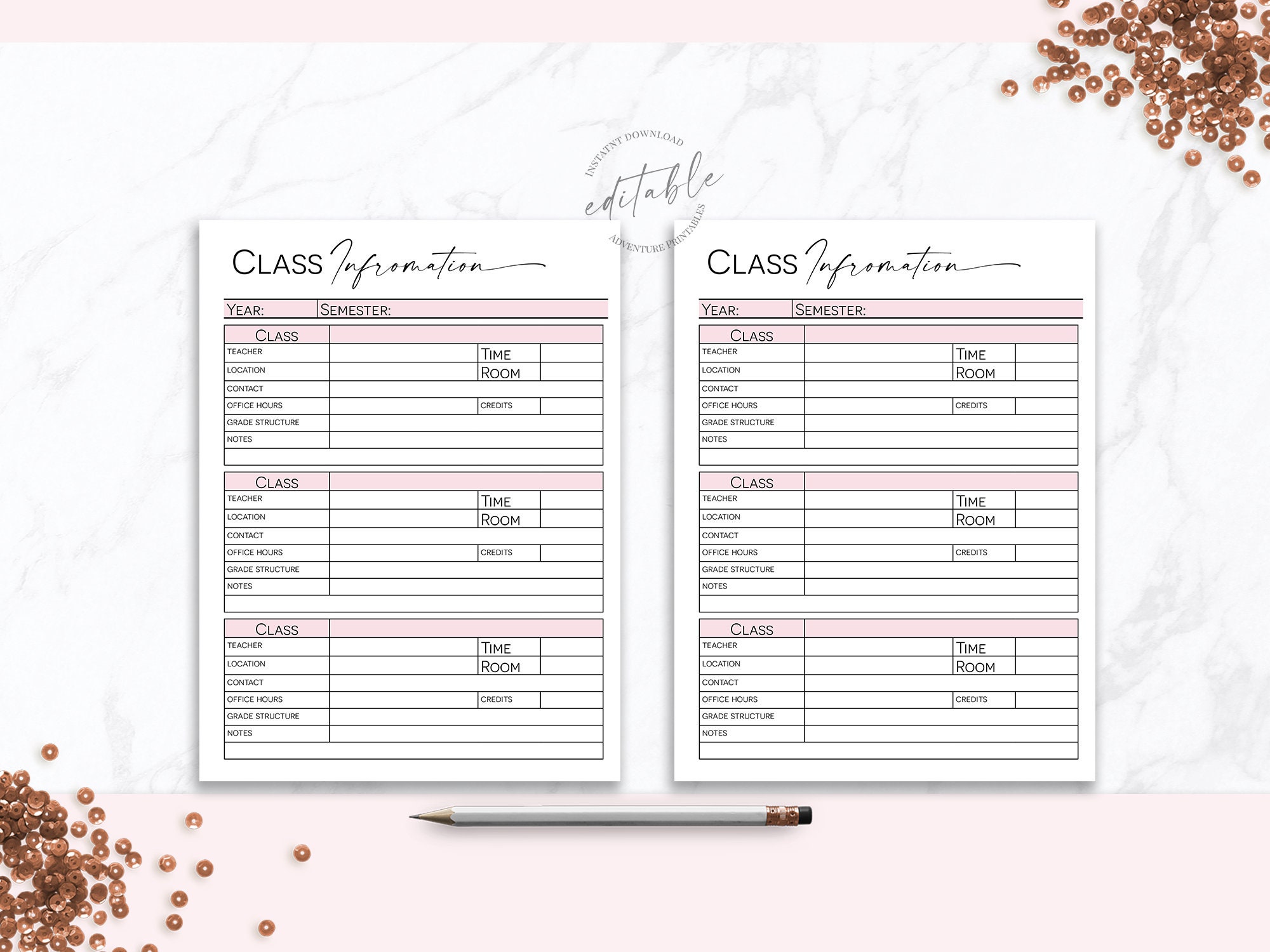 Class Information Sheet, Semester Information, Collage Classes List - Etsy