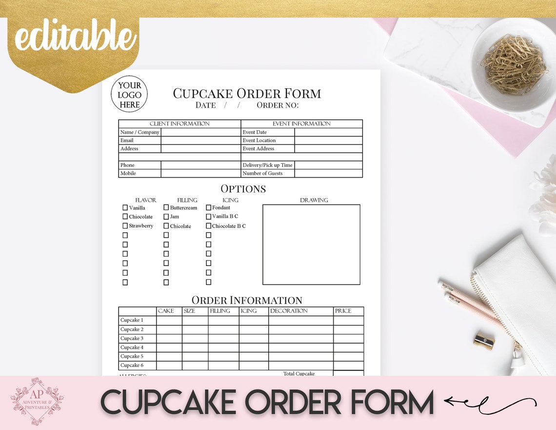 Custom Cupcake Order Form, Bakery Forms, Cupcake Order Form, Baking ...