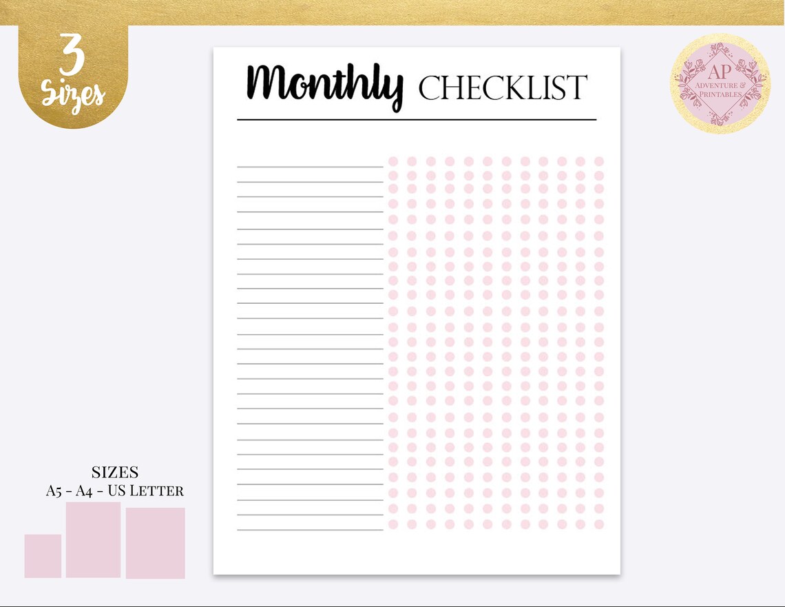 Monthly Checklist Printable Planner Insert, Yearly Tracker, Monthly ...