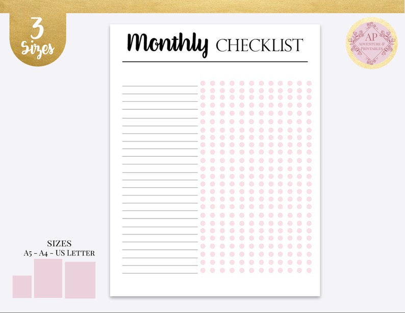 Monthly Checklist Printable Planner Insert, Yearly Tracker, Monthly ...