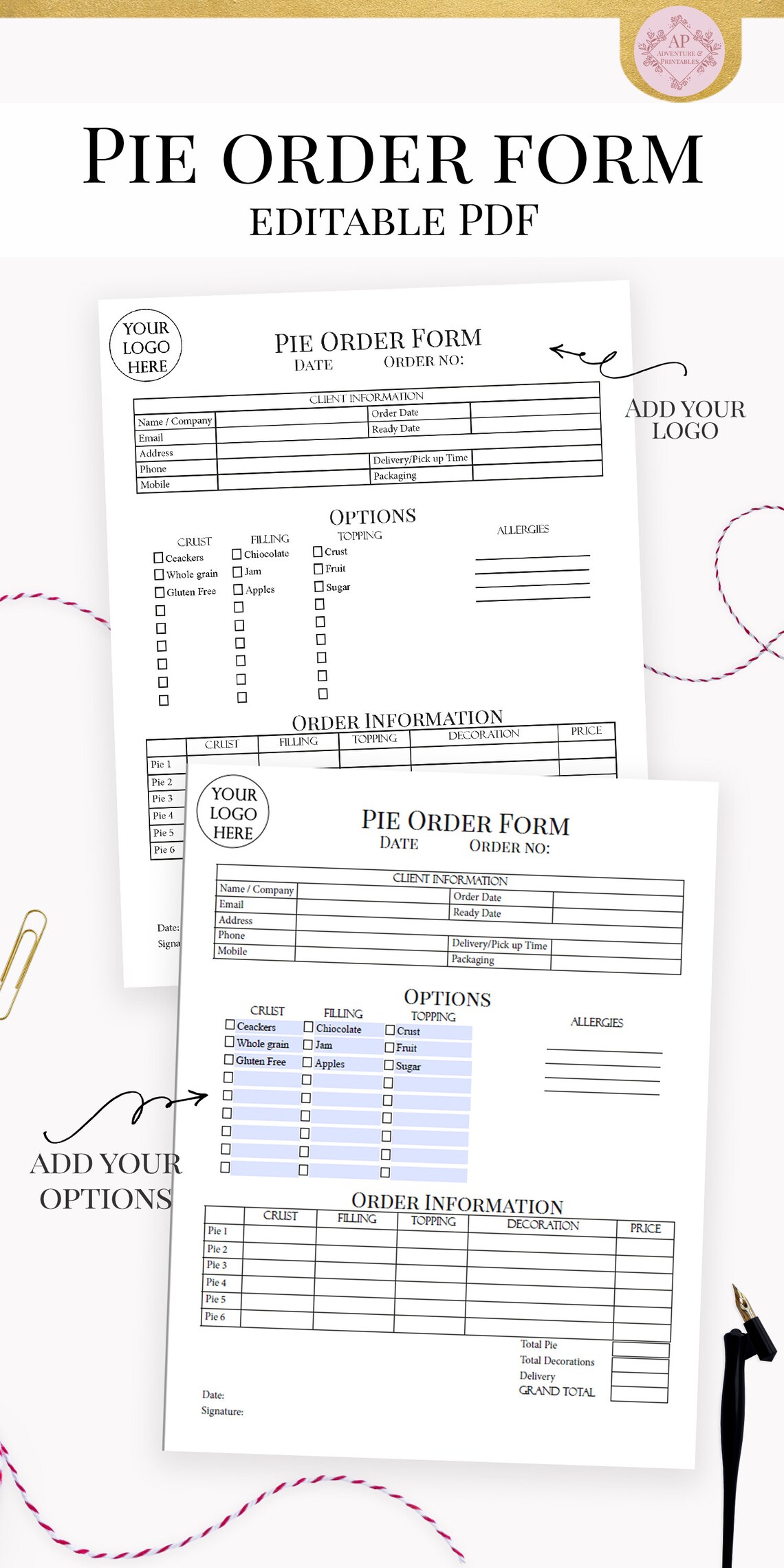 Pie Order Form, Editable Bakery Forms, Custom Pie Order Form, Pie ...