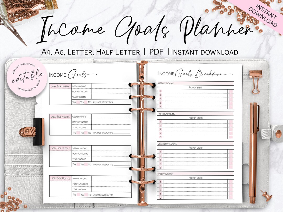 Income Goals Tracker, Yearly Income Planner Insert, Income Goals ...